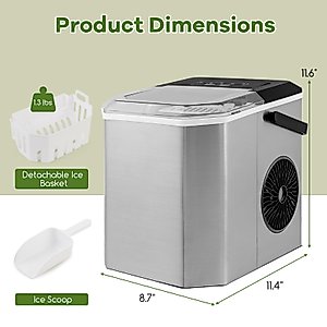 CLEEMAN Ice Makers Countertop, Portable Ice Maker, 9 Ice Cubes Ready in 6-13 Mins, 2 Sizes of Bullet Ice, Self-Cleaning, Ice Machine with Ice Scoop & Basket for Home/Kitchen/Party/RV (Silver)