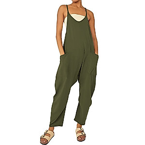 Wyeysyt Womens Casual Jumpsuits Sleeveless Loose Adjustable Strap Overalls Wide Leg Baggy Bibs Romper Pants with Pockets(ArmyGreen-M)