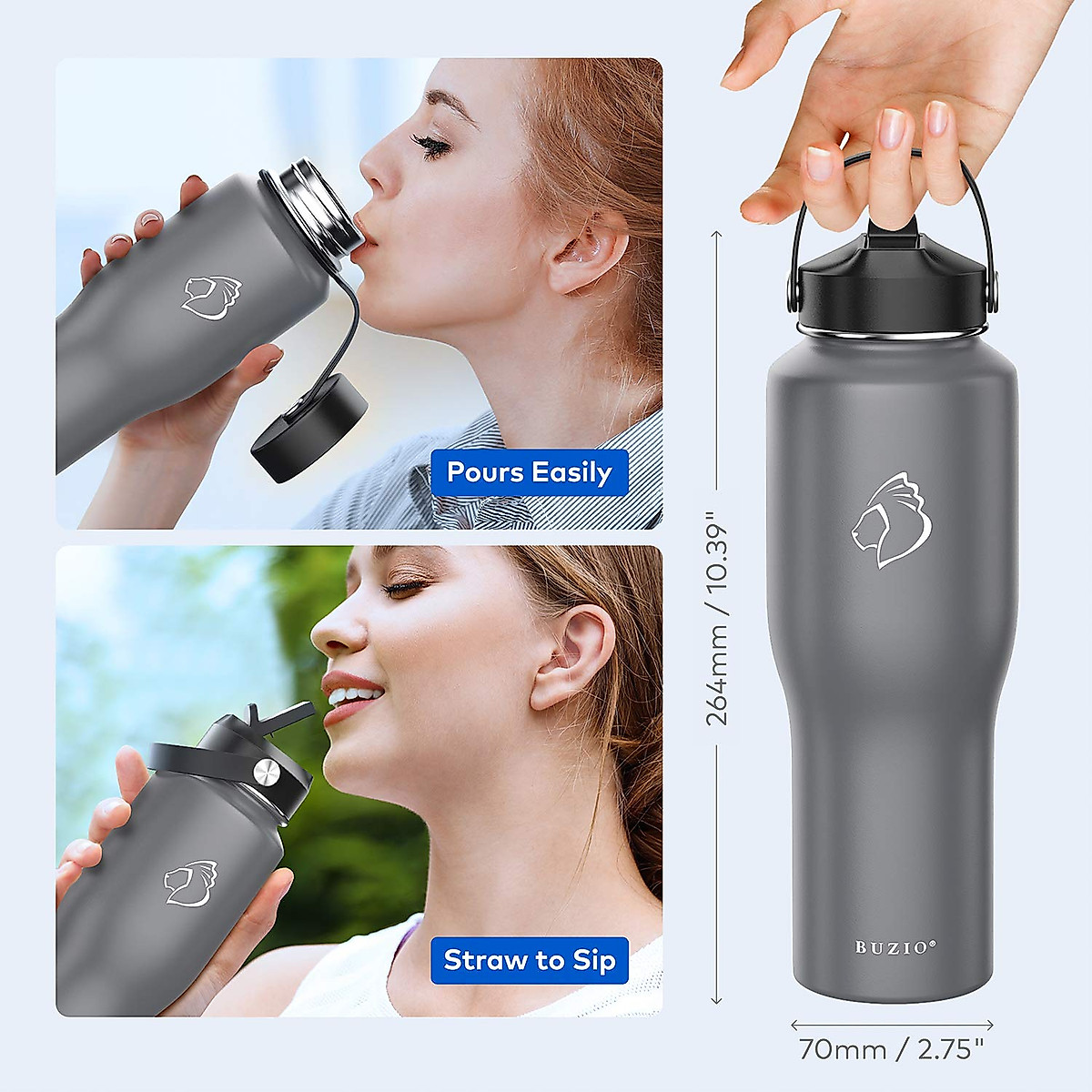 BUZIO Stainless Steel Water Bottle Vacuum Insulated (Cold for 48 Hrs, Hot for 24 Hrs), Graphite 32oz Tumbler Travel Flask with Straw Lid and Flex Cap, Fit in Any Car Cup Holder