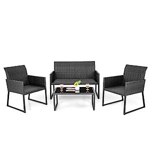 Tangkula 4 Pieces Wicker Patio Furniture Set with Quick Dry Foam, Patiojoy All Weather Resistant Outdoor Conversation Set, for Backyard, Poolside, Deck, Balcony, Garden (1, Mix Brown)