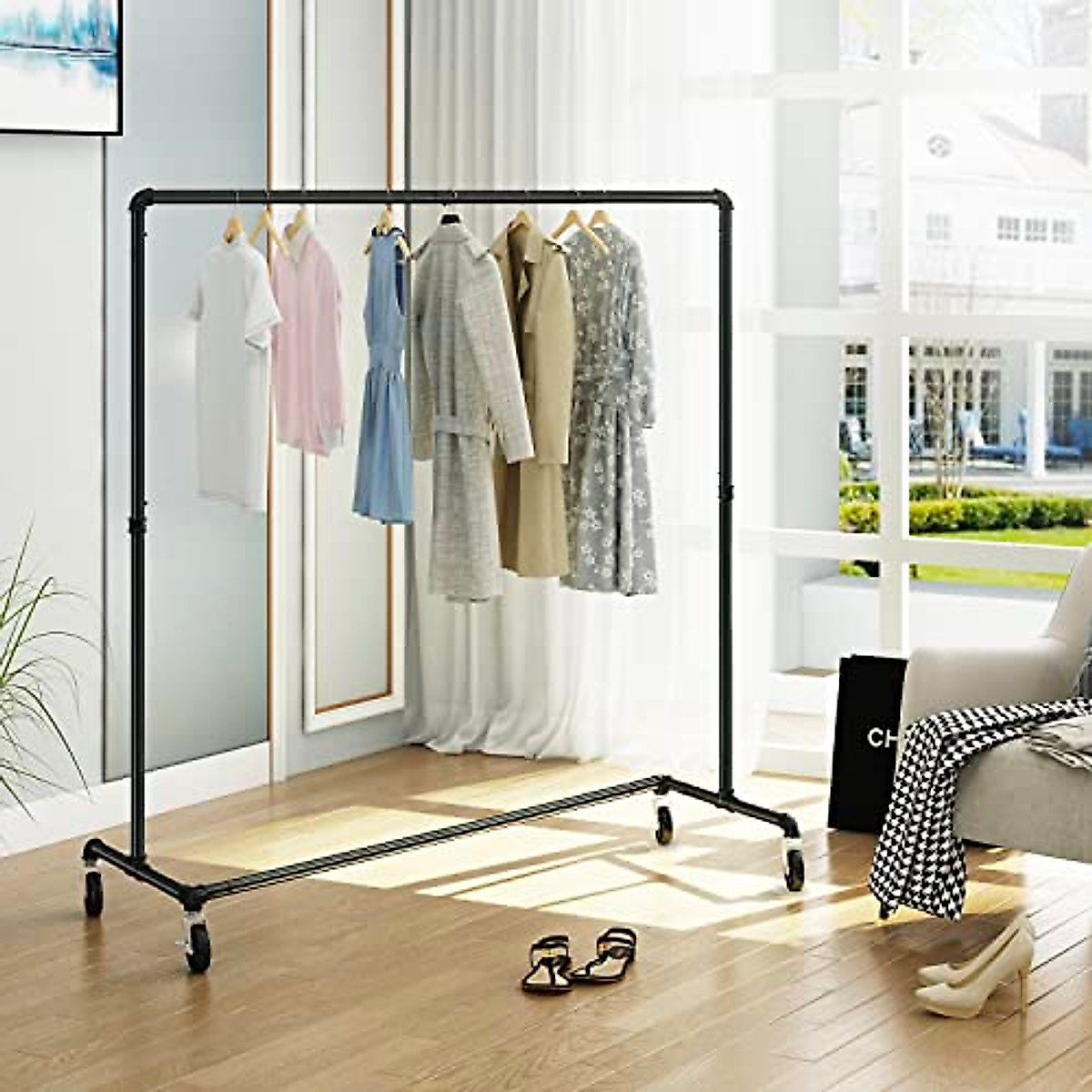 GREENSTELL Clothes Rack, Z Base Garment Rack, Industrial Pipe Clothing Rack on Wheels with Brakes, Commercial Grade Heavy Duty Sturdy Metal Rolling Clothing Coat Rack Holder 1 Pack (59x24x63 inch)