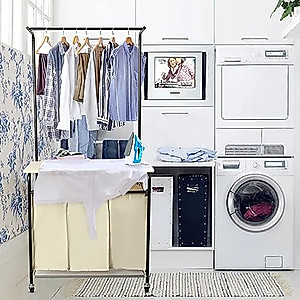 MYOYAY 3 Section Laundry Sorter with Garment Hanging Bar Rack Foldable Ironing Board, Laundry Basket Organizer Heavy Duty Laundry Hamper Rolling Cart with Lockable Wheels and 3 Removable Bags