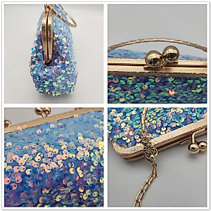 WIGUYUN Women Sequins Evening Handbag Glitter Top Handle Purse Chain Cross-body Bag Blue