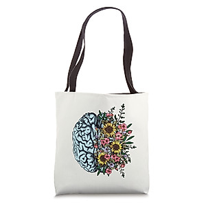 Blue floral brain and sunflower, mental, human intellect Tote Bag