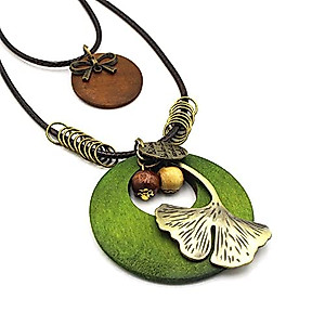Les umes Vintage Necklace Wooden Pendant Long Necklaces for Women Boho Ethnic Style Handmade Jewelry Ginkgo Green