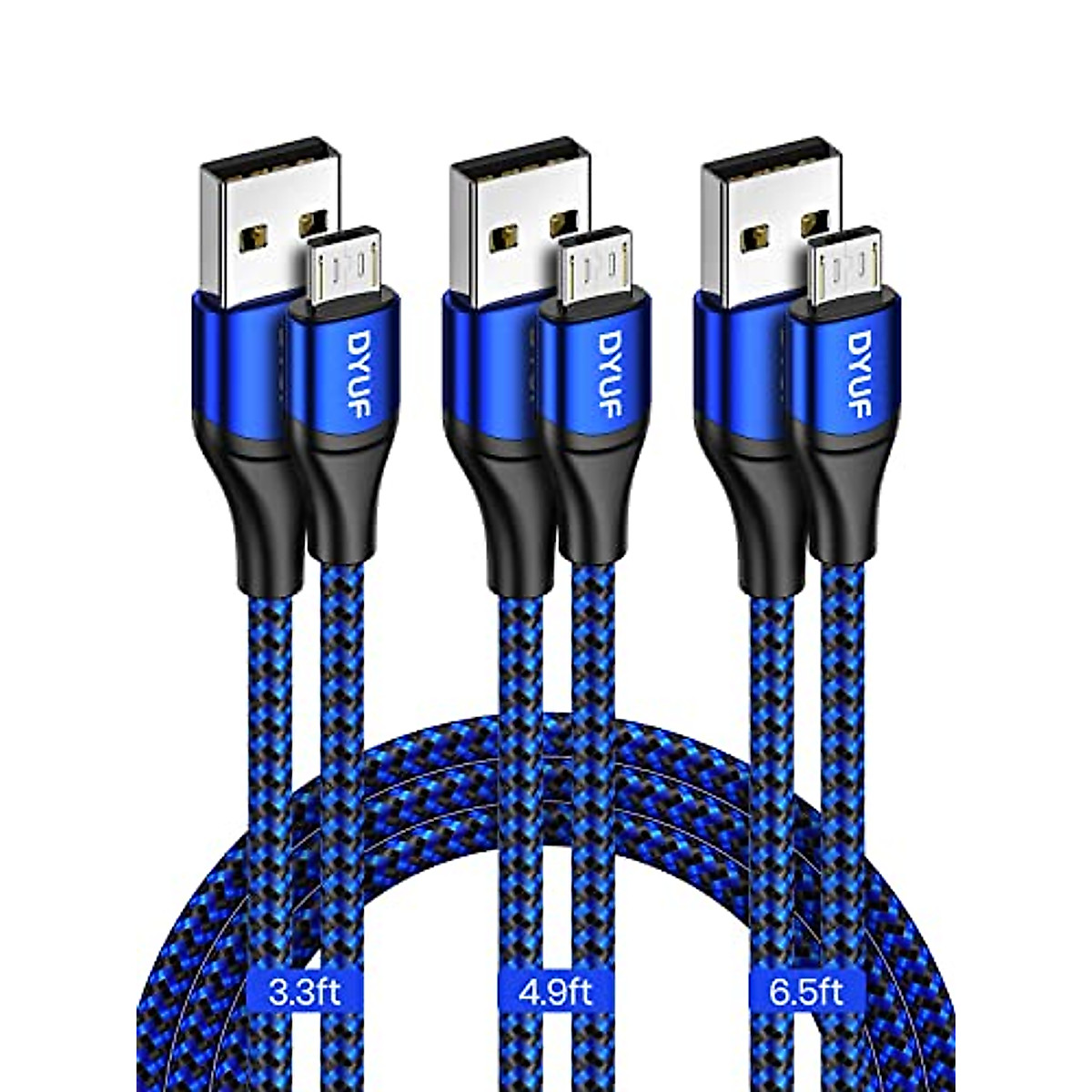DYUF Micro USB Cable,Android Charger Cable, [3PCS 3.2ft 4.9ft 6.5ft] 3.1A Fast Charger Cord, Blue Braided USB Cable, Compatible with Samsung Galaxy S7 Edge S6 S5, Android Phone, etc