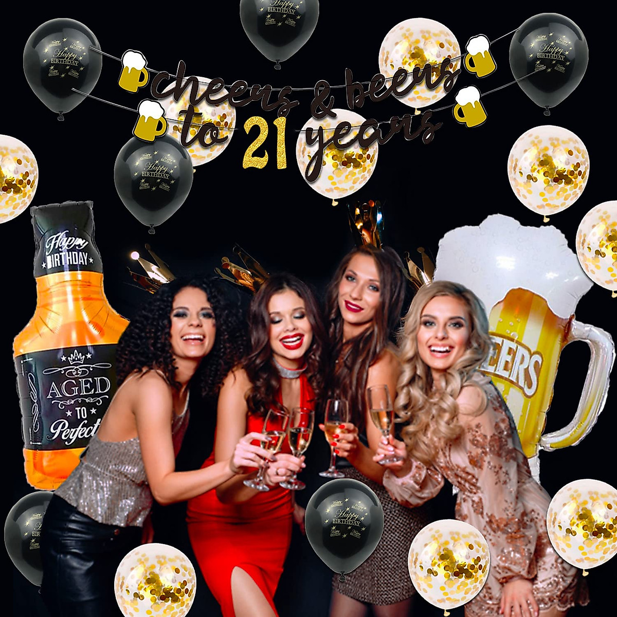40th Birthday Decorations for Men Women, Cheers and Beers to 40 Years Banner Black and Gold Anniversary Birthday Party Decorations with Beer Mug Balloon Confetti Balloons Backdrop Fringe Curtain