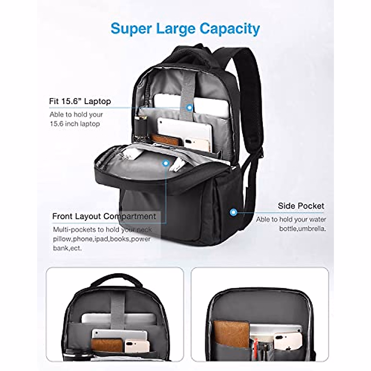 HOMIEE School Backpack 15.6 Inch Laptop Backpack Travel Backpack with USB Charging Port, Durable Water Resistant Backpack College School Bookbag Business Computer Backpack