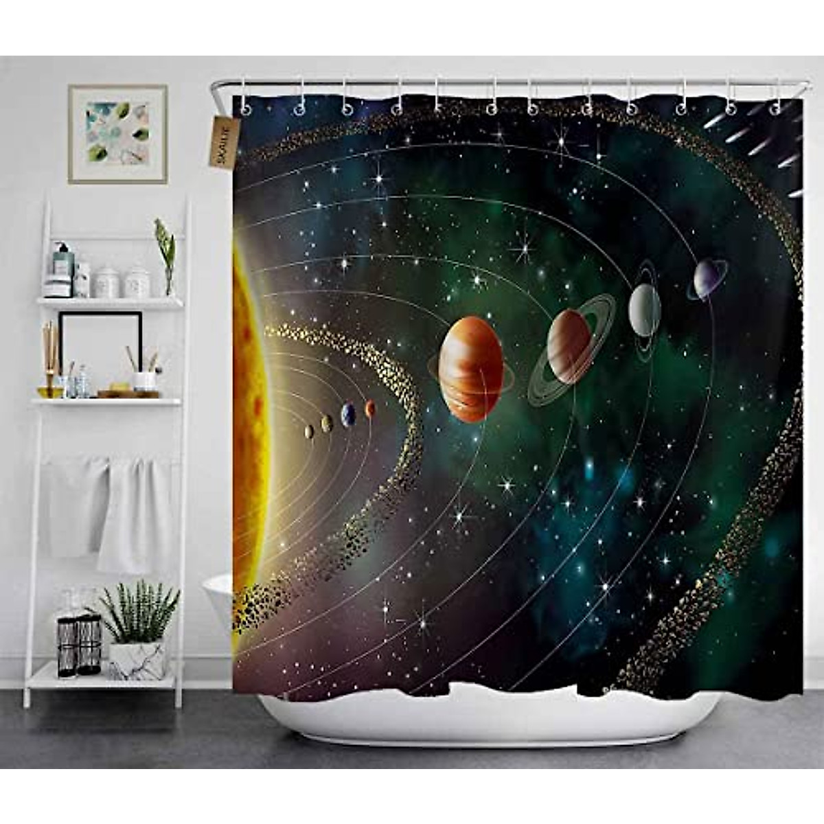 SKAILIÉ 4PCS Outer Space Shower Curtain Set, Sun Mercury Venus Earth Mars Jupiter Saturn Uranus Neptune Starry Sky Galaxy Universe Milky Way Solar System Educational Bathroom Decor, Non-Slip Bath Mat