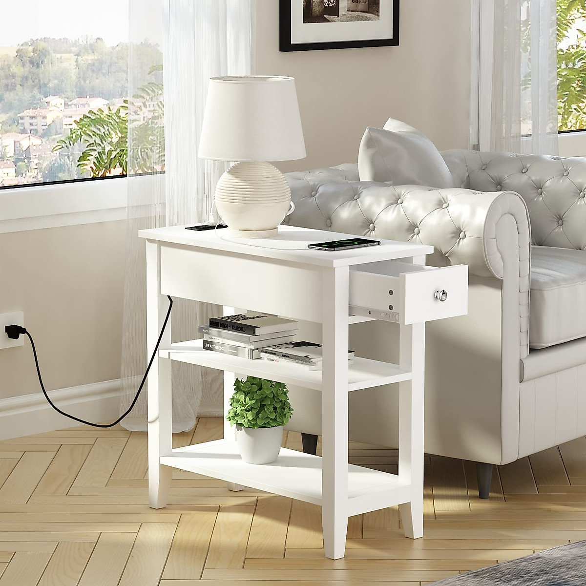 ChooChoo Narrow End Table with Charging Station, Side Table Living Room with USB Ports & Power Outlets and Hidden Drawer, 3-Tier Skinny Nightstand with 2 Open Storage Shelves for Small Place (White)