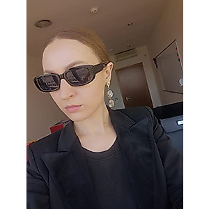 ENTHYI Rectangle Sunglasses for Women Retro 90s Sunglasses Small Narrow Square Frame UV400 Protection (Sand green + beige)