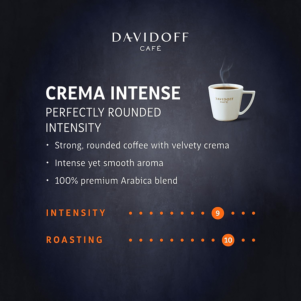 DAVIDOFF Crema Intense Instant Coffee - Smooth and Rounded - Full-body. Delicate Aroma and Elegant Acidity - 100% Arabica Beans - 9/12 Intensity. 10/12 Roasting. 4/12 Acidity - 1 x 3.17 oz