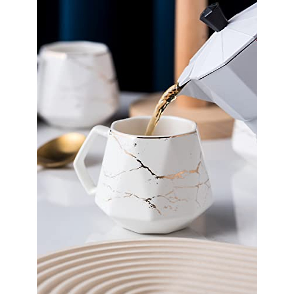 Jusalpha 7PC Deluxe Golden Marble Porcelain Coffee Mug Set with Wooden Mug Tree Holder, TCS28 (White)