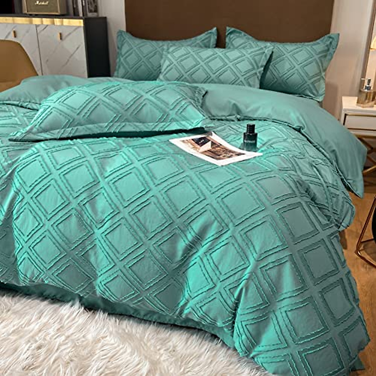 MorroMorn 5 PCS Boho Bedding Sets, Green Duvet Cover Set, Tufted Comforter Covers, Diamond Jacquard Soft Breathable Neutral for Men Women Bed All Seasons (Turquoise, King/Cal King)