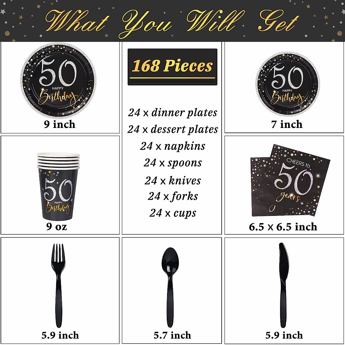 DECORLIFE 50th Birthday Plates and Napkins Serves 24, 50th Birthday Decorations for Men or Women, Cups, Knives, Forks, Spoons Included, Total 168pcs