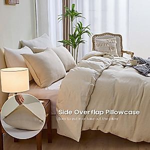 Simple&Opulence Linen Cotton Muslin Duvet Cover Set Queen Size, 3Pcs Khaki Ultra Soft Breathable 3-Layer Gauze Minimalist Comforter Cover, Seersucker Bedding Set with Zipper Closure for All Seasons