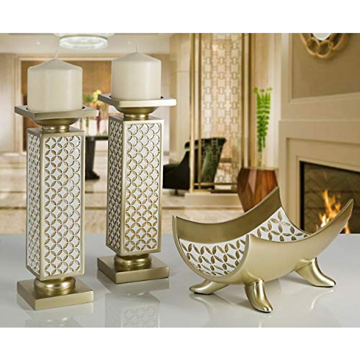 Creative Scents Schonwerk Diamond Lattice Decorative Bowl Table Centerpiece - Home Decor for Living Room, Centerpieces for Dining Room and Coffee Table (Gold & White)