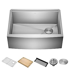 KRAUS Kore 27-Inch Farmhouse Workstation 16 Gauge Single Bowl Stainless Steel Kitchen Sink with Accessories, KWF210-27