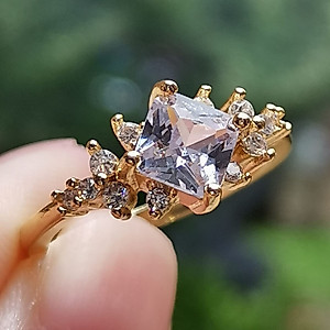 GUIDECUN Simple Yellow Gold Plated White Princess Cushion Cut CZ Tiny Ring Women's Engagement Jewelry Gifts for her (US Size 7)