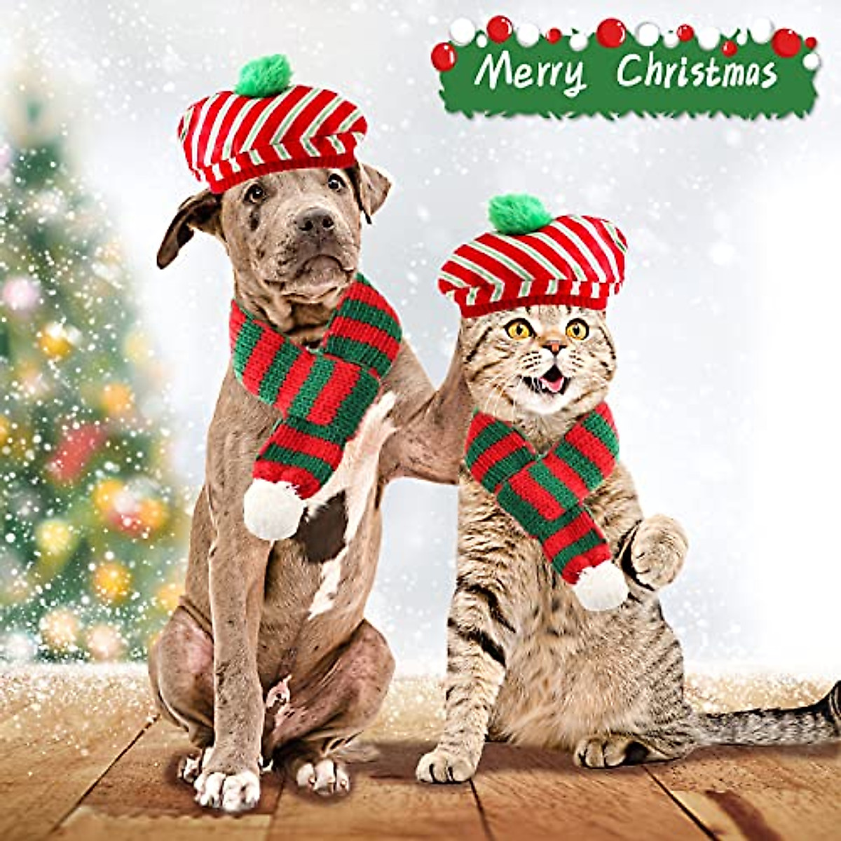 Christmas Costume Hat with Scarf for Cats and Dogs, 2 Pcs Adjustable Santa Hat Scarf Set, Xmas Pet Warm Outfit Cloth, Medium