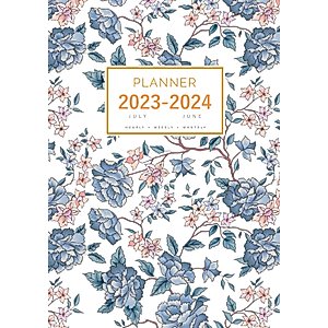 Planner July 2023-2024 June: A4 Large Notebook Organizer with Hourly Time Slots | Vintage Flower Leaf Design White