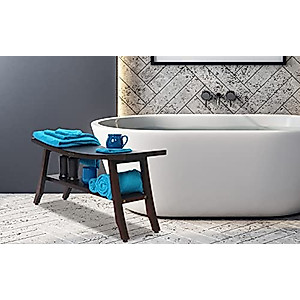 DecoTeak Satori Shower Bench Teak Wood Shower Stool with Curved Seat and Shelf 28″ Wide Wooden Seat Shower Stool in Woodland Brown Finish