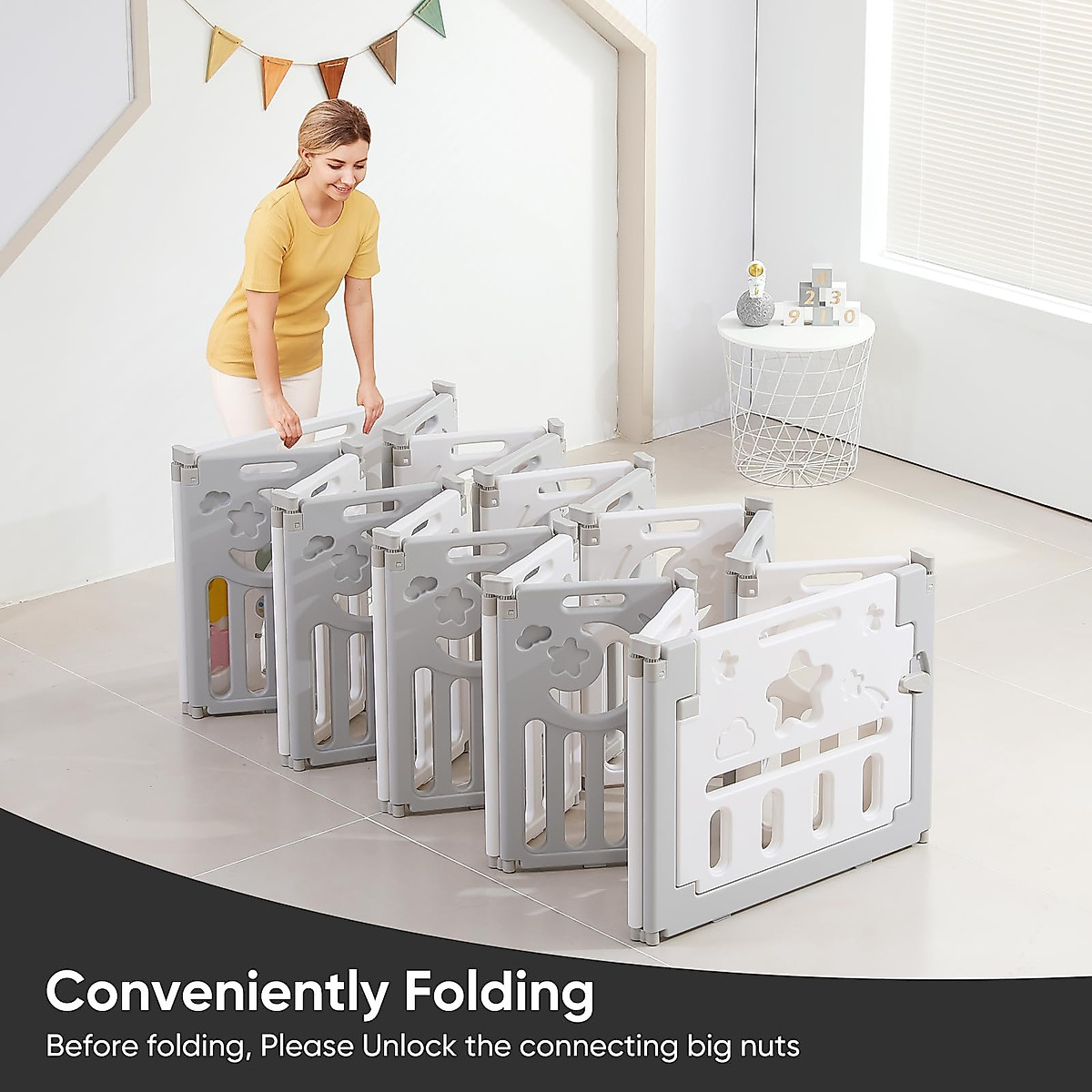 Dripex Baby Playpen, Foldable Playpen for Babies and Toddlers, Adjustable Shape Baby Fence, Safety Play Yard with Gate, Portable Play Area for Indoor or Outdoor (Grey+White,18 Panel)