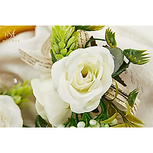 Meldel Ivory Rose Wrist Corsage Wristlet Band for Girls Women Bride Bridesmaid, Set of 6, White Hand Flower Wedding Artificial Flowers Accessories for Prom Party
