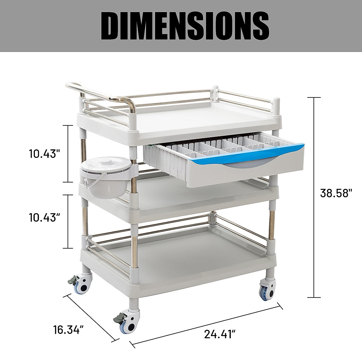 biosp Medical Trolley 3 Tier 500 LBS Heavy Duty Professional Utility Cart Beauty Salon Rolling Trolley with Swivel Casters, Dirt Bucket & Drawer for Hospital Dental Clinic, 38.58'' x 24.41'' x 16.34''