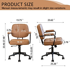 NTailed FOX Mid Century Office Chair, Swivel Desk Chair with Wheels and Arms, Height Adjustable Rolling Chair, Small Leather Office Chair for Adults (Brown)