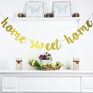 Starsgarden Glitter Gold Home Sweet Home Banner for Housewarming Patriotic Military Decoration Family Party Supplies Cursive Bunting Photo Booth Props Sign(Gold Sweet Home)