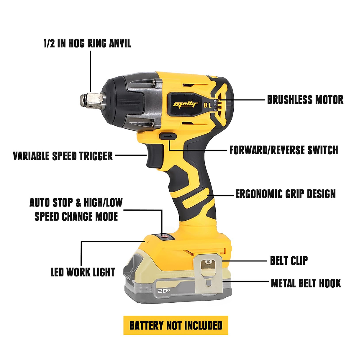 WITLIGHT Cordless Impact Wrench, Compatible w/ 20V Max Battery (NOT Included), Mellif 1/2" High Torque (258Ft.lbs/350N.m) Brushless Impact Driver 3 Speeds & Memory Mode & LED light, Yellow
