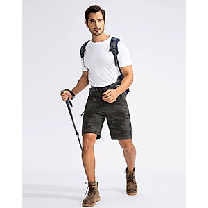 Pudolla Men's Hiking Cargo Shorts 9" Lightweight Outdoor Work Shorts for Men Travel Golf Camping Casual with 5 Zipper Pockets(Green Camo Large)