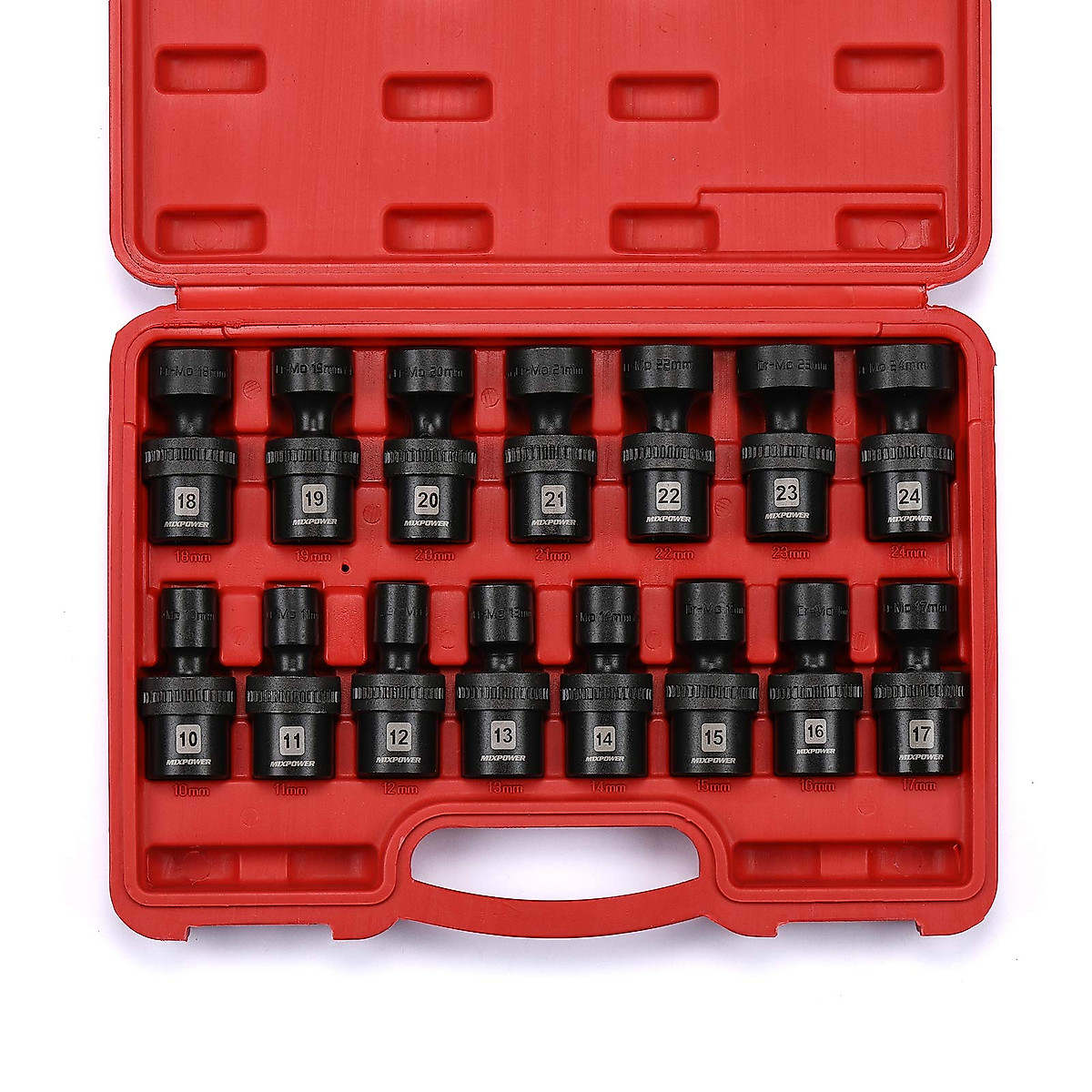 MIXPOWER 15-piece 1/2" Drive Shallow Universal Impact Socket Set, 6 Points, Metric, 10-24mm, Swivel Socket with Flexible Wobble, CR-MO, Heavy Duty Storage Case… B08JTJVV8M
