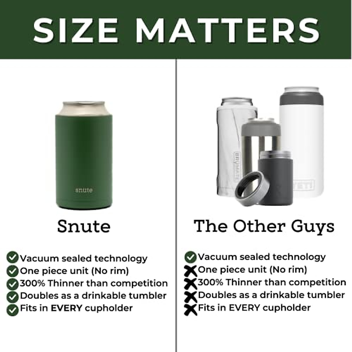 Snute Standard Can Cooler for Beer, Soda, Sparkling Water | Vacuum Insulated Stainless Steel Drink Sleeve Holder for 12oz Regular Cans (Olive)