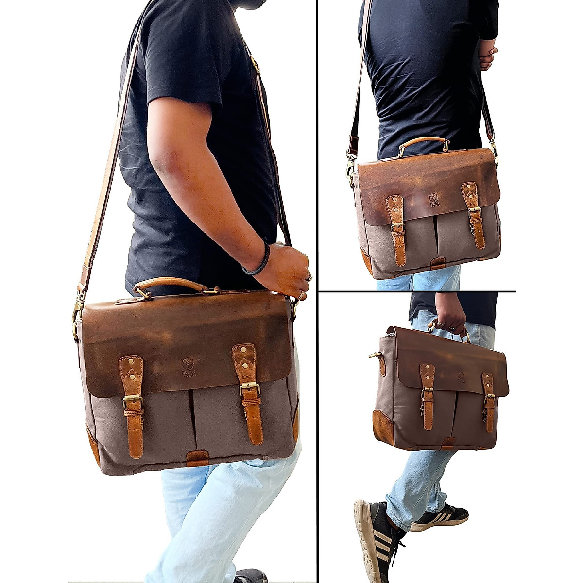 RUSTIC TOWN Leather Canvas Messenger Bag for Men Women - Vintage Laptop Satchel Leather Briefcase (15 Inch, Dark Grey)