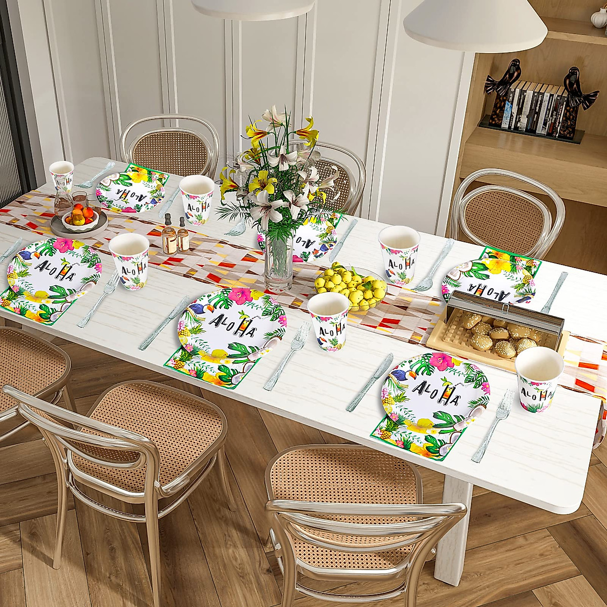 Atonofun Hawaiian Luau Party Supplies, Disposable Hawaiian Plates and Napkins Set, Aloha Party Plates and Cups, Napkins and Cutlery for Hawaiian Luau Birthday Party Decorations Serves 24