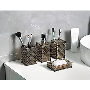 4 Piece Square Plastic Bathroom Accessories Set, Brown Diamond Pattern Bathroom Accessories Soap Dispenser, Toothbrush Holder, Tumbler and Soap Dish.