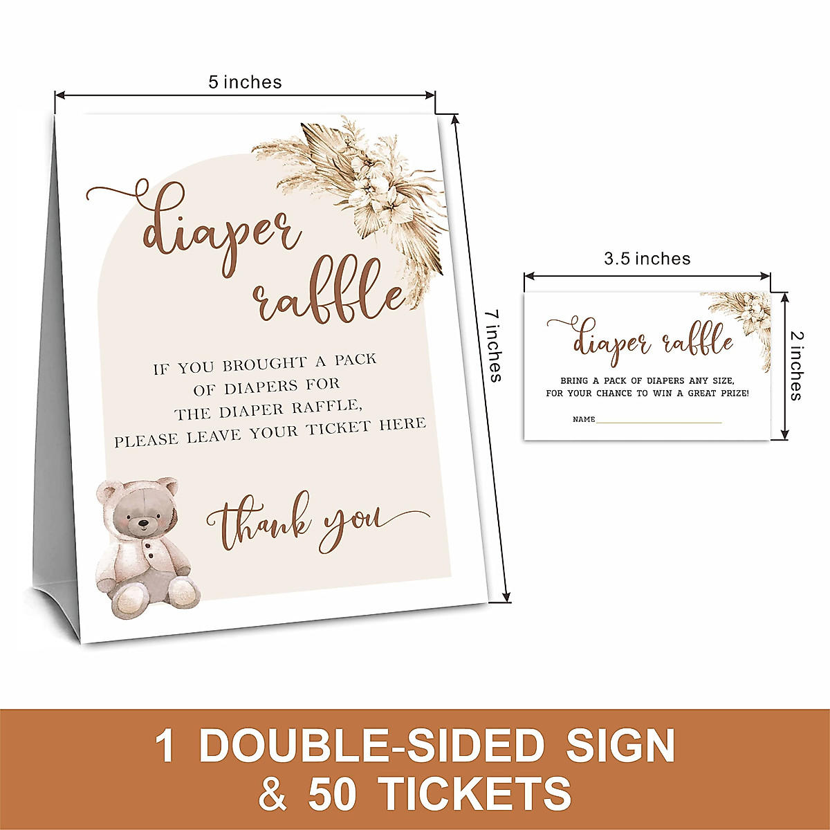 50 Diaper Raffle Tickets and 1 Self-standing Diaper Raffle Sign, Bear Boho Floral Baby Gender Reveal Party Supplies, Gender Neutral Baby Shower Decorations - LBLK-014