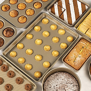 Kitcom Nonstick Bakeware Sets Textured 6-Piece with Cookie Sheet Set, Roasting Pan, Round Cake Pan, Loaf Pan, Heavy Duty Carbon Steel Premium Baking Pans, Champagne Gold