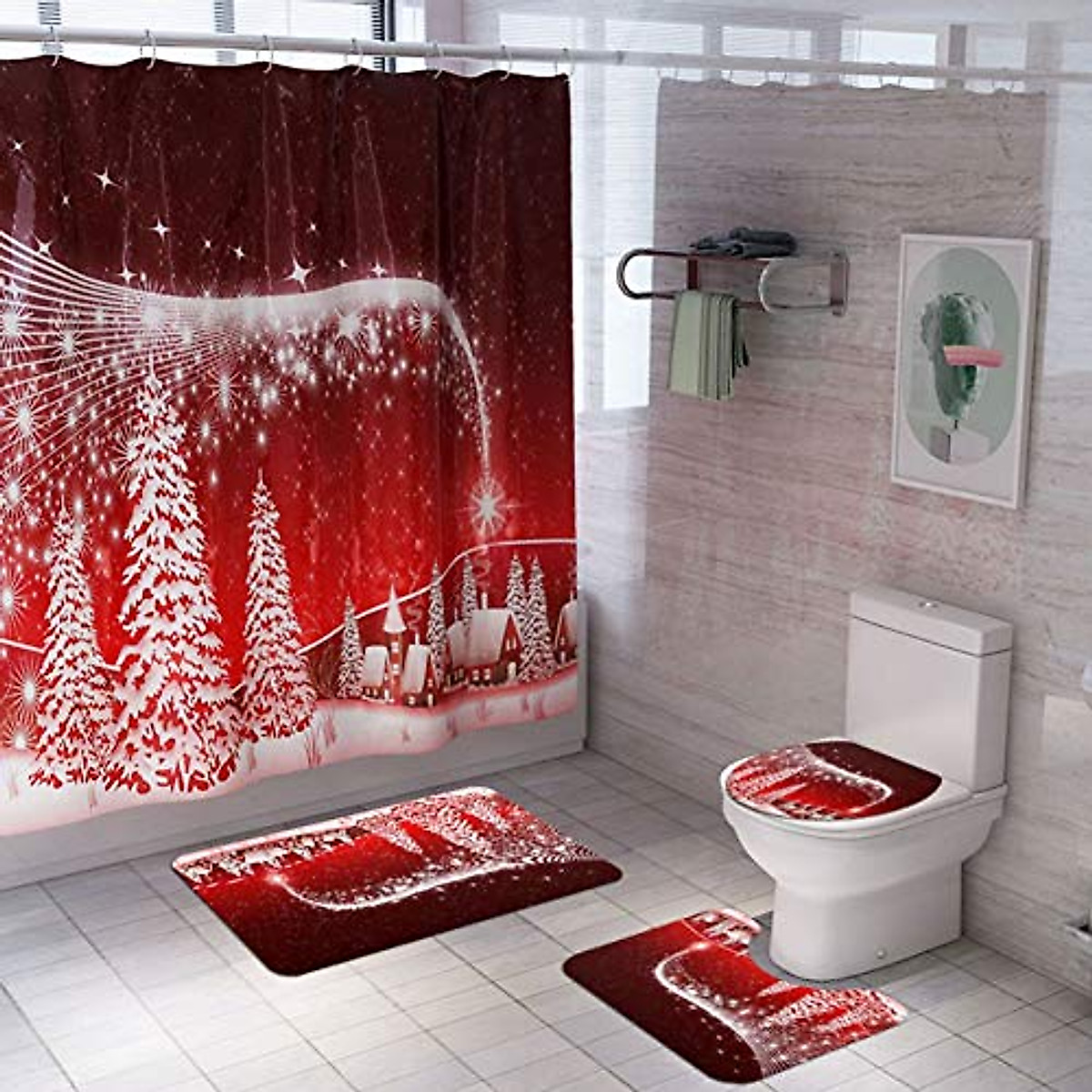4 PCS Christmas Shower Curtain Sets with Rugs, 72x72 Polyester Shower Curtains Christmas Tree Wreath Santa Claus Snowman Patterned, with Bath Mat Xmas Decor Christmas Decorations for Bathroom