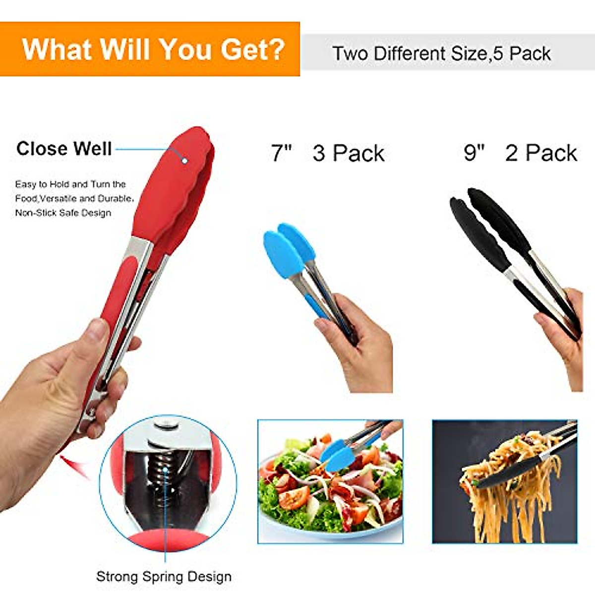 Kitchen Tongs with Silicone Tips - ForTomorrow Set of 5, 7 9 Inch Premium Silicone Tipped Tongs for Cooking Heat Resistant, Serving Food, BBQ