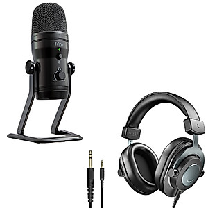 FIFINE USB Studio Recording Microphone 3.5mm/6.35mm Monitor Headphones for Podcast, Computer Mic with Mute Button, Four Pickup Patterns for Vocals ASMR, Black Headphones (K690+H8)