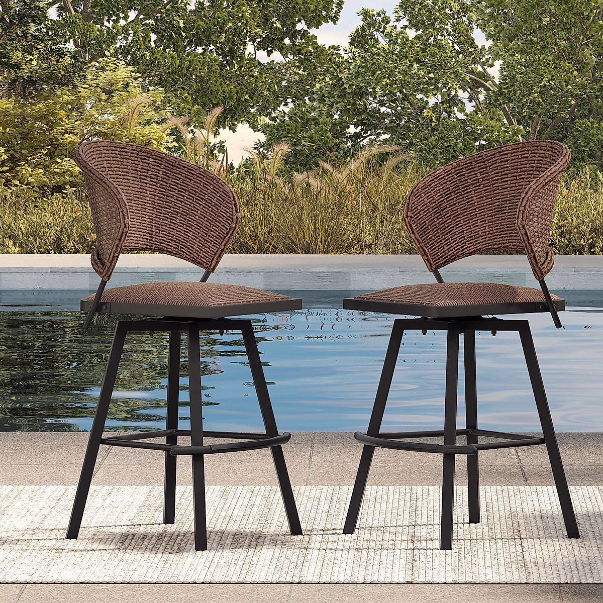 VICLLAX Outdoor 180-Degree Swivel Bar Stools Set of 2, Rattan Tall Patio Chair for Garden Pool Lawn Backyard, Brown