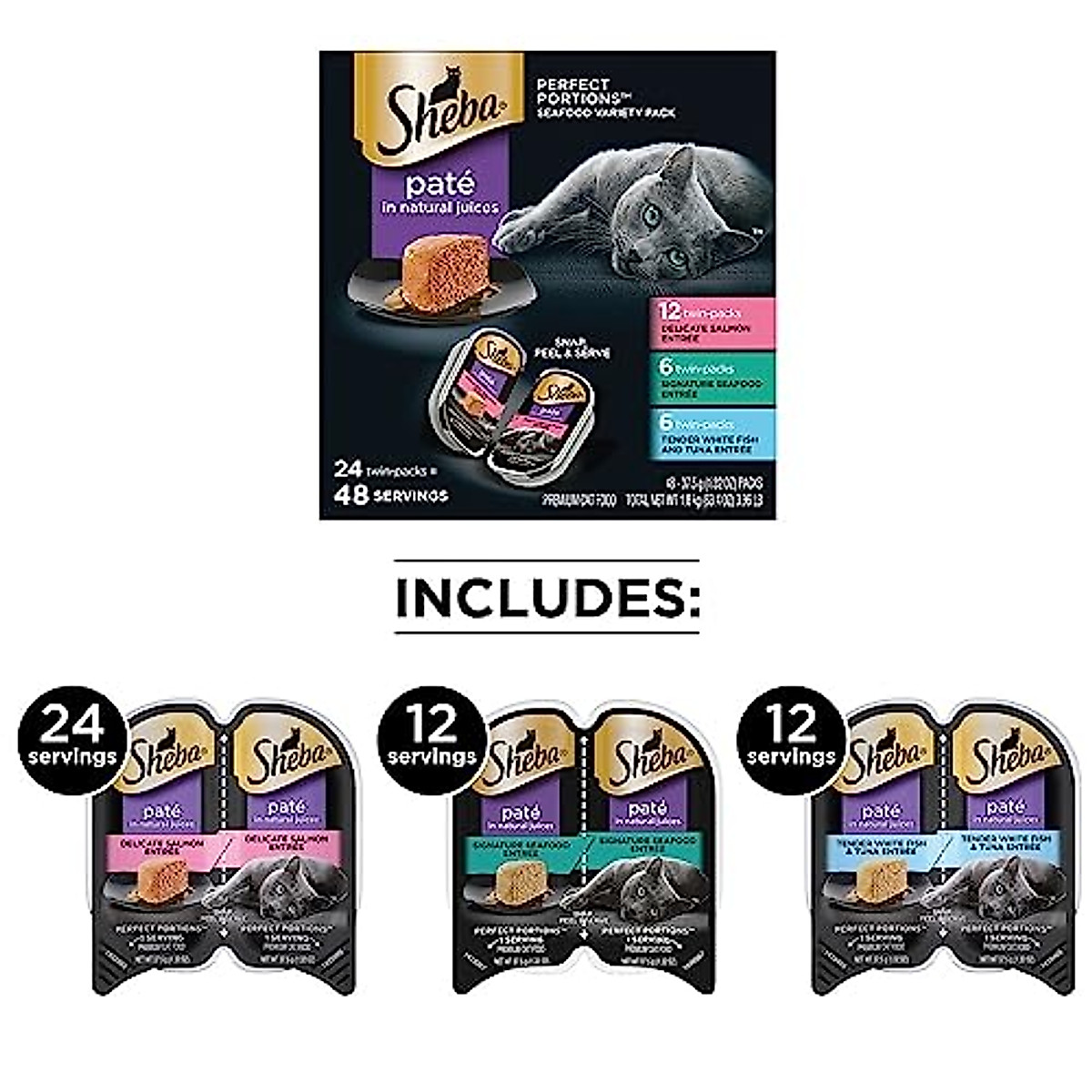 SHEBA PERFECT PORTIONS Paté Adult Wet Cat Food Trays (24 Count, 48 Servings), Signature Seafood Entrée, Easy Peel Twin-Pack Trays