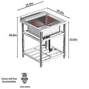 Freestanding Stainless Steel Sink, Commercial Restaurant Sink, Large Single Bowl Sink, Outdoor Sink, for Business Restaurant, Cafe, Bar, Hotel, Garage, Laundry Room, Outdoor, W23.5” × D25.2” × H33.5”