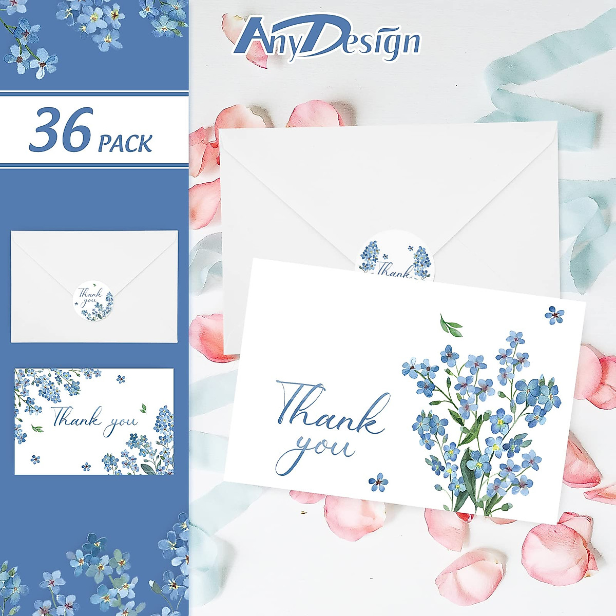 AnyDesign 36 Pack Blue Floral Thank You Cards Bulk Forget-Me-Not Myosotis Sylvatica Flower Greeting Cards with Envelope Sticker Thank You Note Cards for Wedding Birthday Baby Shower Bridal Party