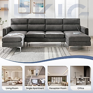 IPKIG 110" U-Shaped Sectional Sofa Couch, Linen Fabric Convertible L-Shaped Couch 4 Seater Sofa Set with Chaise Lounge, Ottoman and Side Pockets for Living Room Home Office (Linen, Dark Grey)