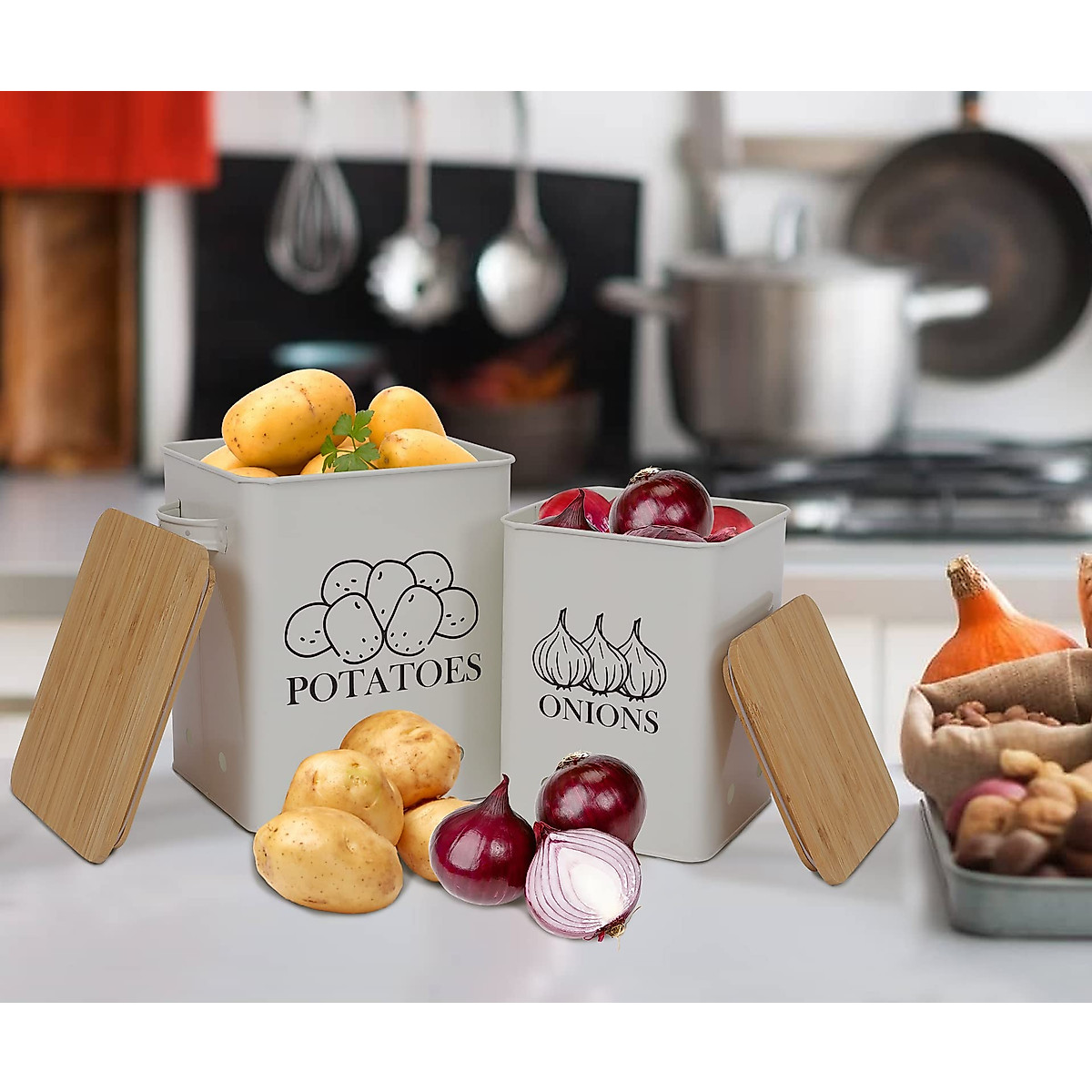 Kitchen Vegetable Storage Tins Set of 2 for Potatoes, Onion, with wooden lid Garlic Bin Caddy, Long Shelf Life-white