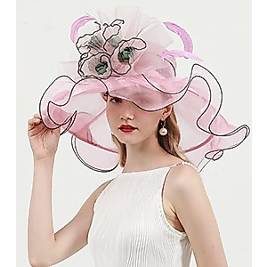 TLMNU Women Derby Church Hat Organza Flower Wedding Tea Party Fascinator Hat Wide Brim Sun Hat A2-Pink with Flower